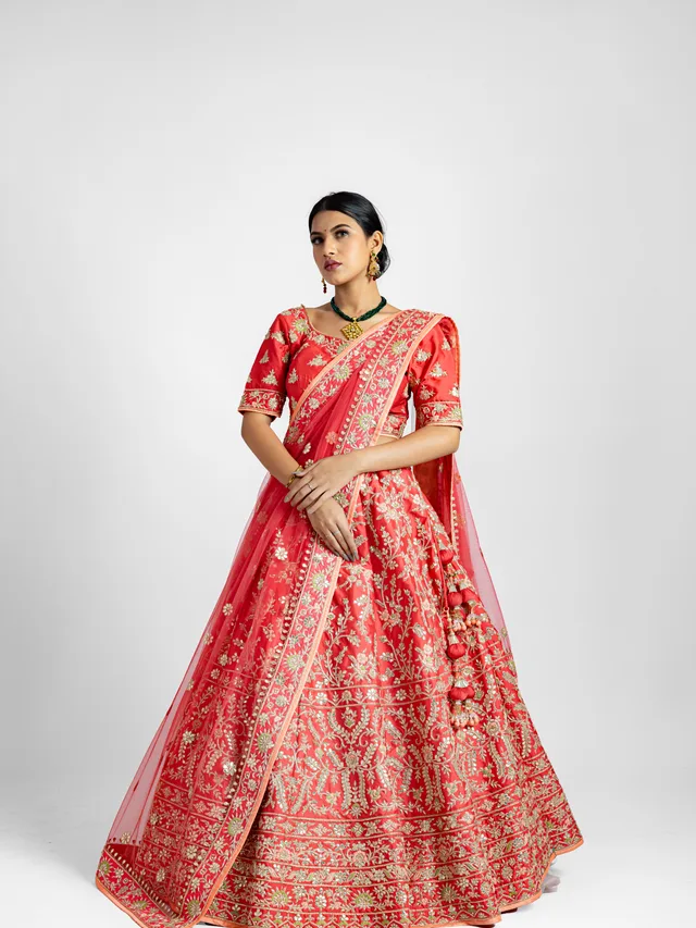 Designer Wedding Handmade Lehenga Set in Gajri Color | Rana's by Kshitija
