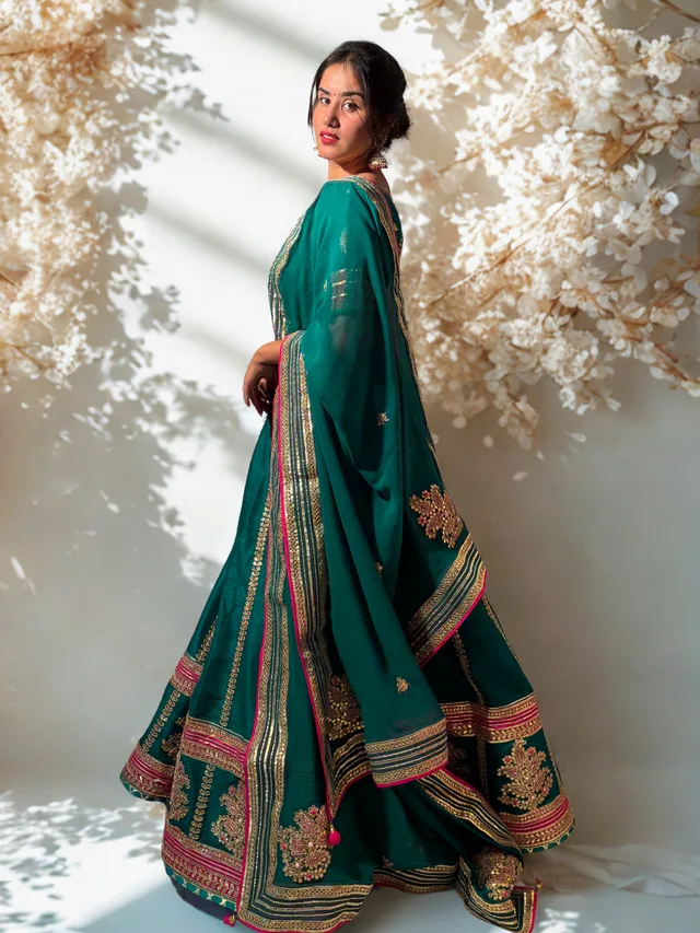 Emerald Green Raw Silk Gota Patti Lehenga Set | Rana's by Kshitija