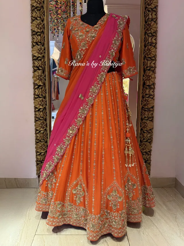 Orange and Gajri Pink Bridal Lehenga with Zardozi Work | Rana's by Kshitija